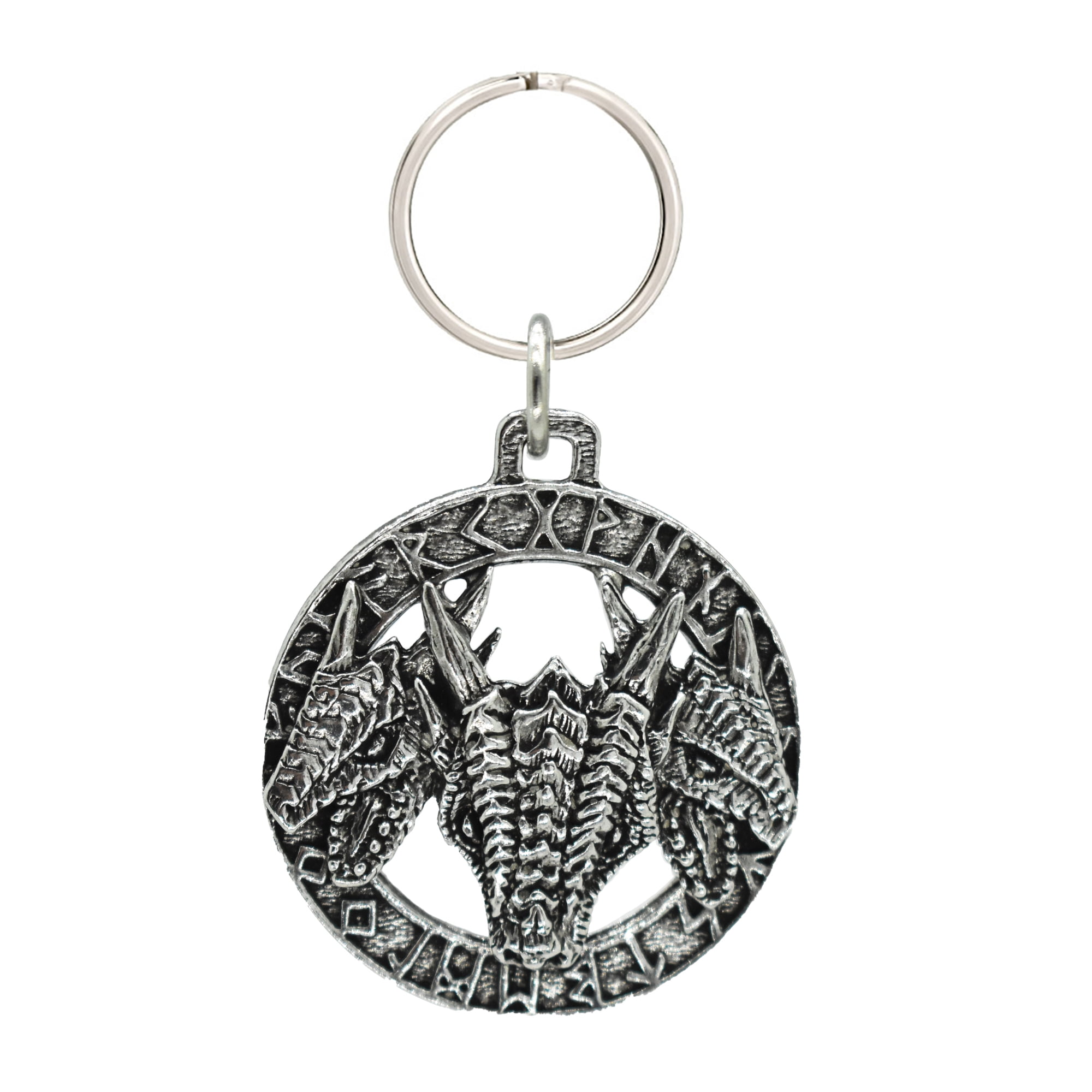 3 Headed Dragon Keychain Key Fob Pewter Celtic Runes Fantasy Medieval ...