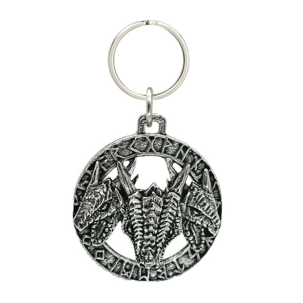 3 Headed Dragon Keychain Key Fob Pewter Celtic Runes Fantasy Medieval ...