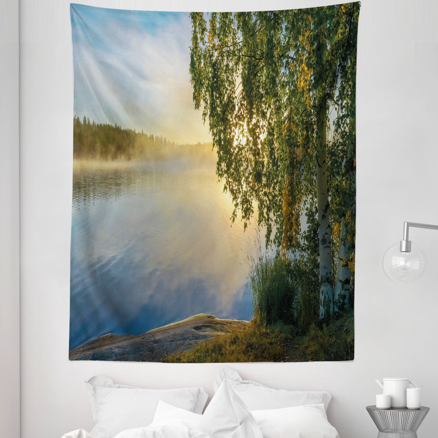 Tree Tapestry, Sunny Day by Misty Lake Tree Summer Season Horizon ...
