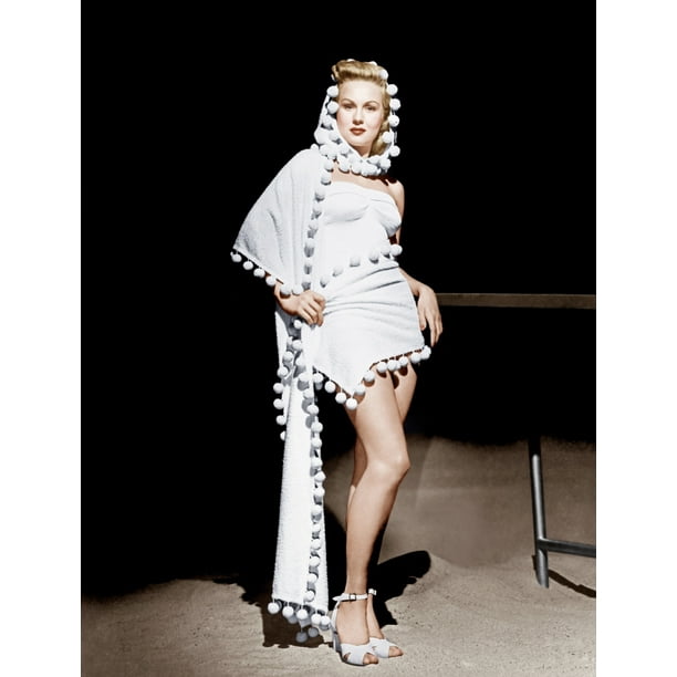 Virginia Mayo Models A Hooded Stole Over Strapless One-Piece Bathing ...