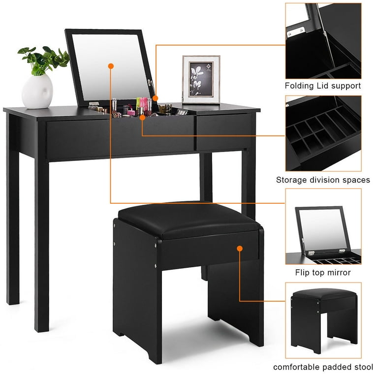 Costway Black Vanity Dressing Table Furniture Stool Storage Box