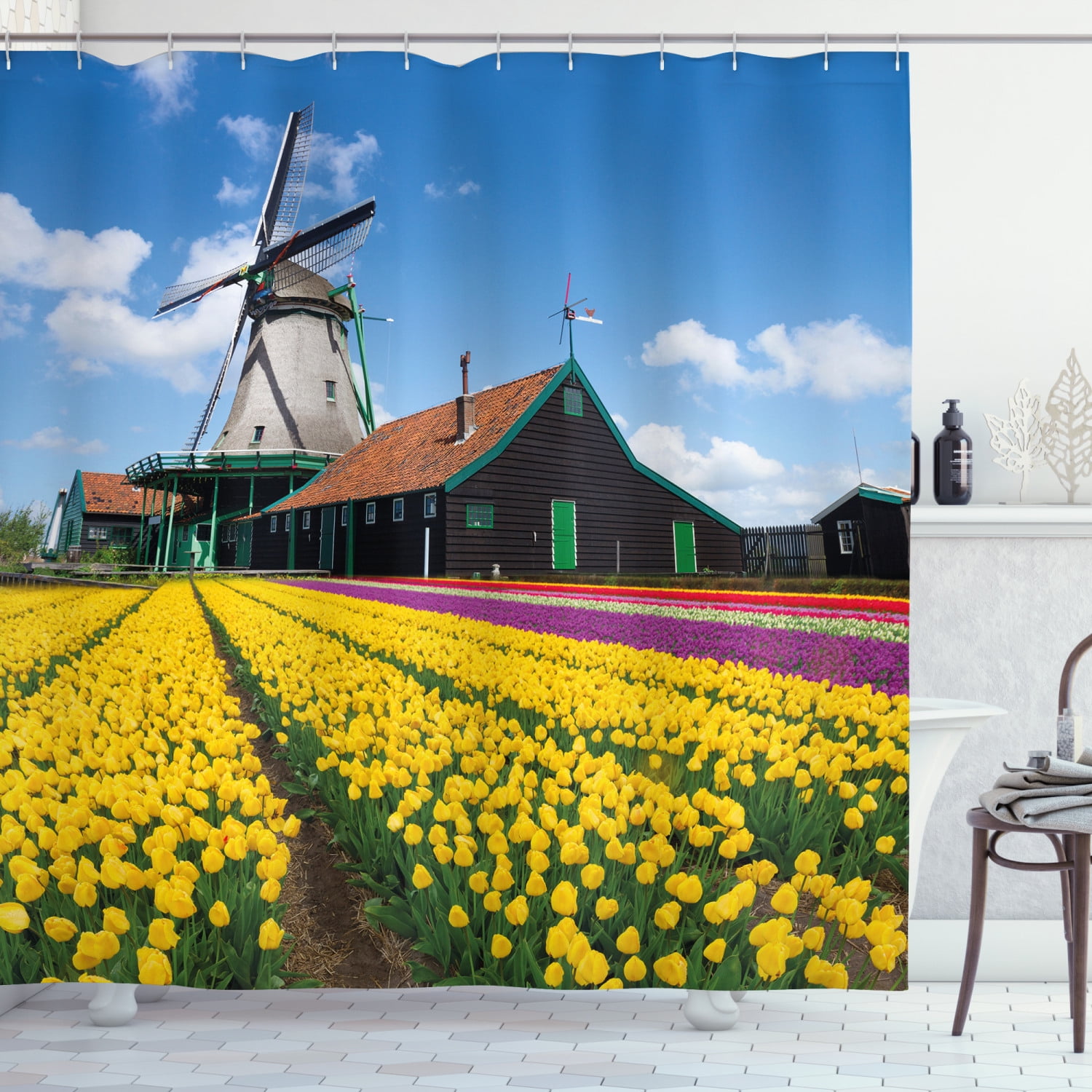 Ambesonne Windmill Shower Curtain, Dutch Tulips Country, 69"Wx70"L ...