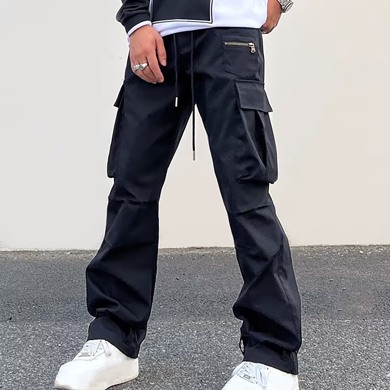 Click here for Timifis Black Mens Straight Cargo Pants Casual Bag... prices