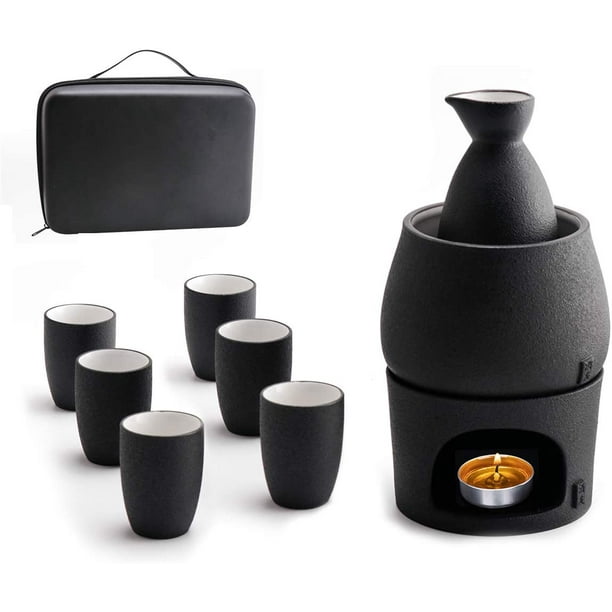 Ceramic Sake Set and Cups with Stovetop Warmer + Keep Sake Storage Gift ...