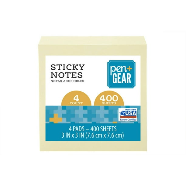 Pen + Gear Sticky Notes Yellow, 3 in. x 3 in. 100 Sheets/Pad, 4 Pads ...