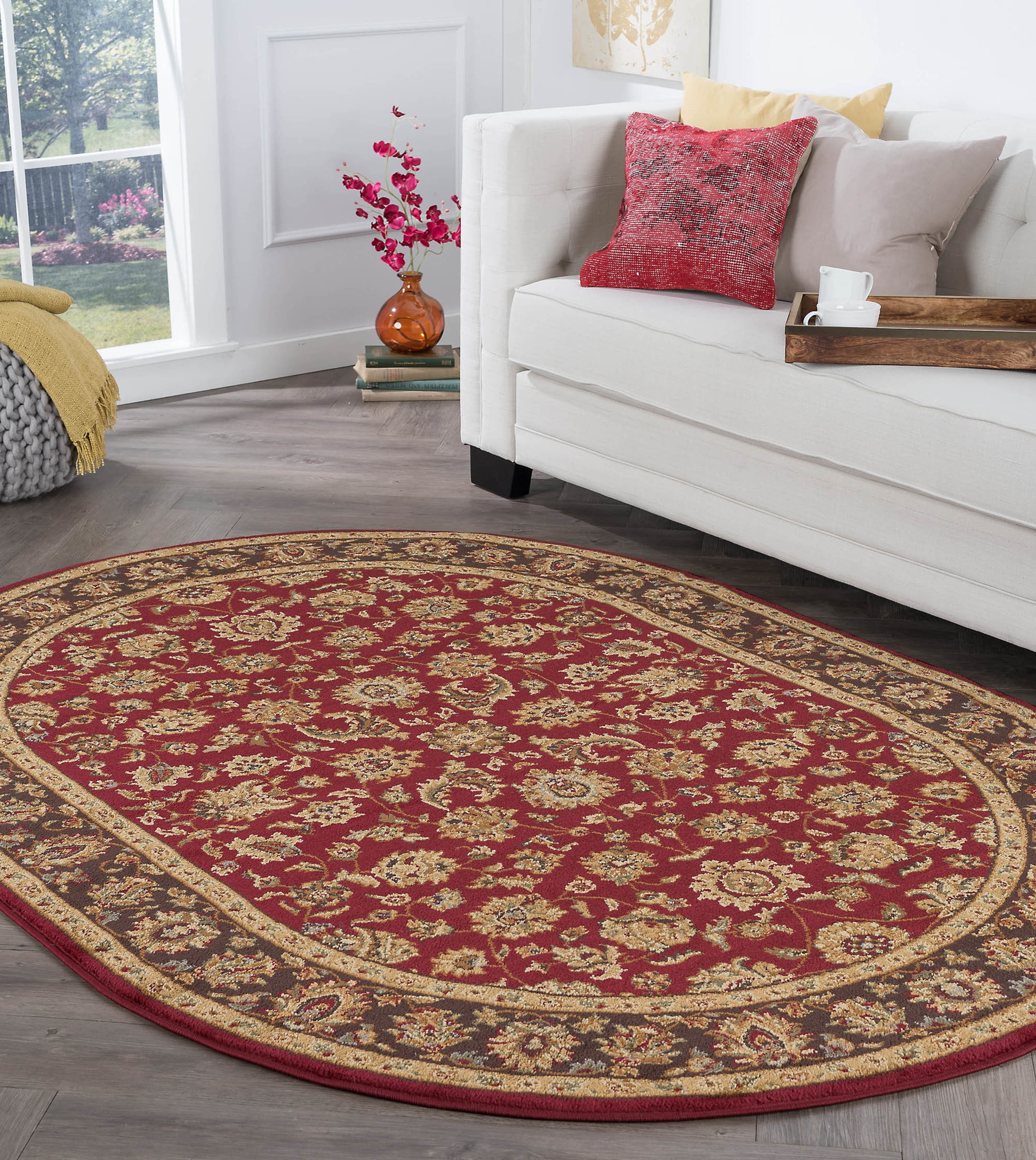 Traditional Area Rug (6'7'' x 9'6'' Oval) Oriental Red, Beige Living ...