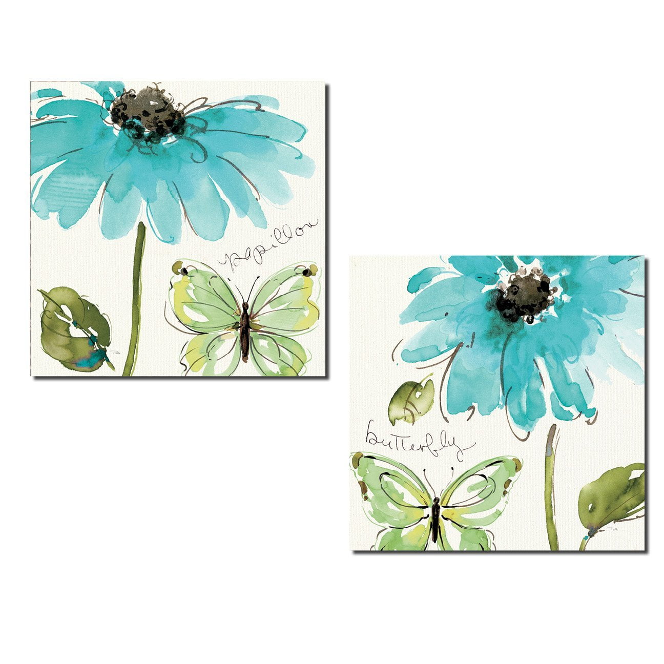 Blue and Green Butterfly and Flower Adult Decor; 2 - 12" x 12" Unframed ...