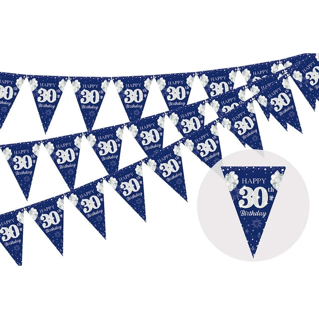 3 Pack 30th Happy Birthday Bunting Banner, 36 Pieces Triangle Flag Navy ...