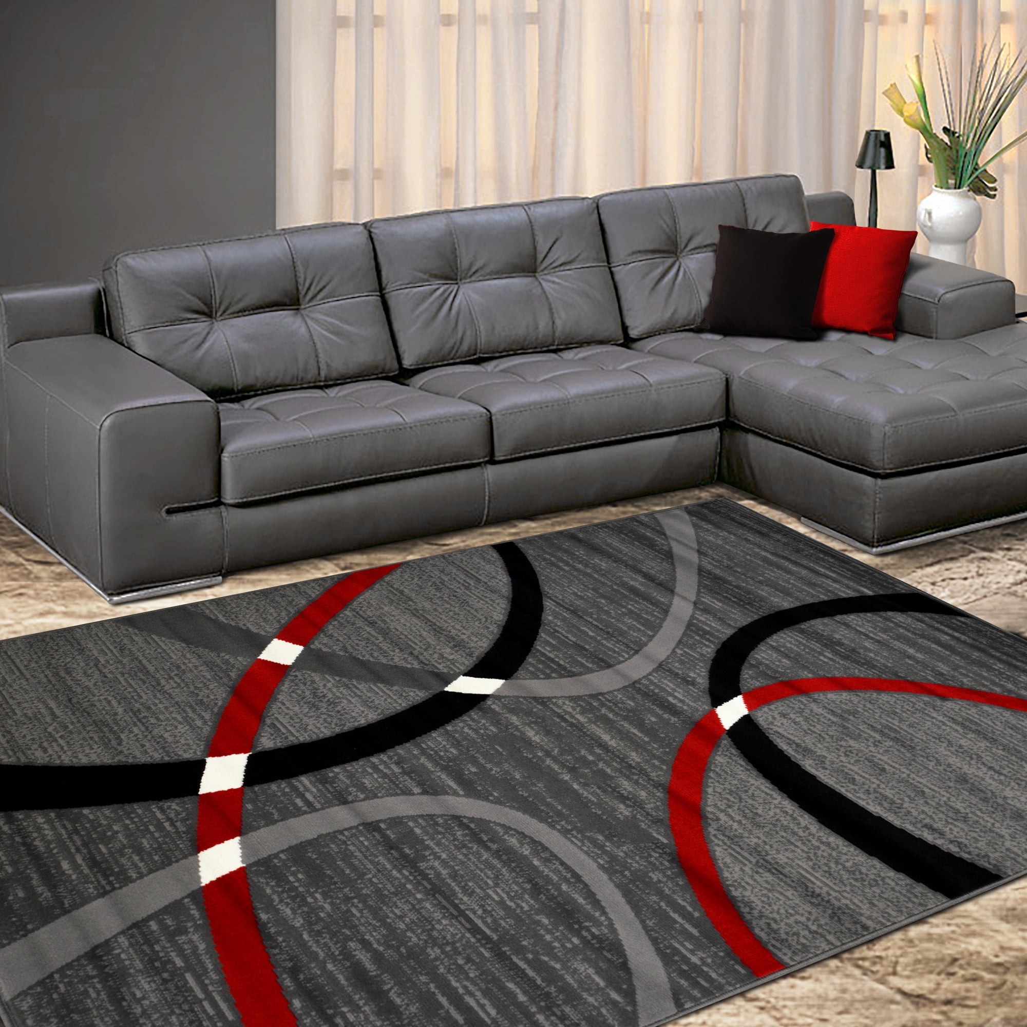 Allstar 5x7 Modern Accent Rug in Grey with Red Abstract Overlapping ...