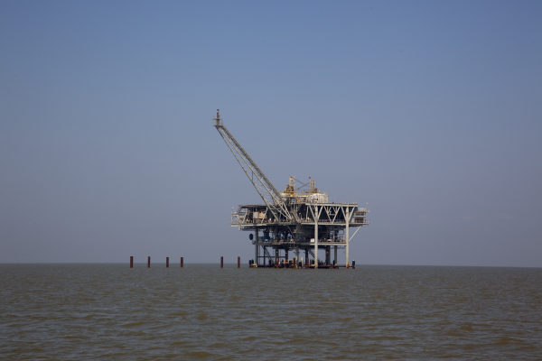 Print: Ferries, Boats And Oil Rigs All Co-Exist On Mobile Bay In ...