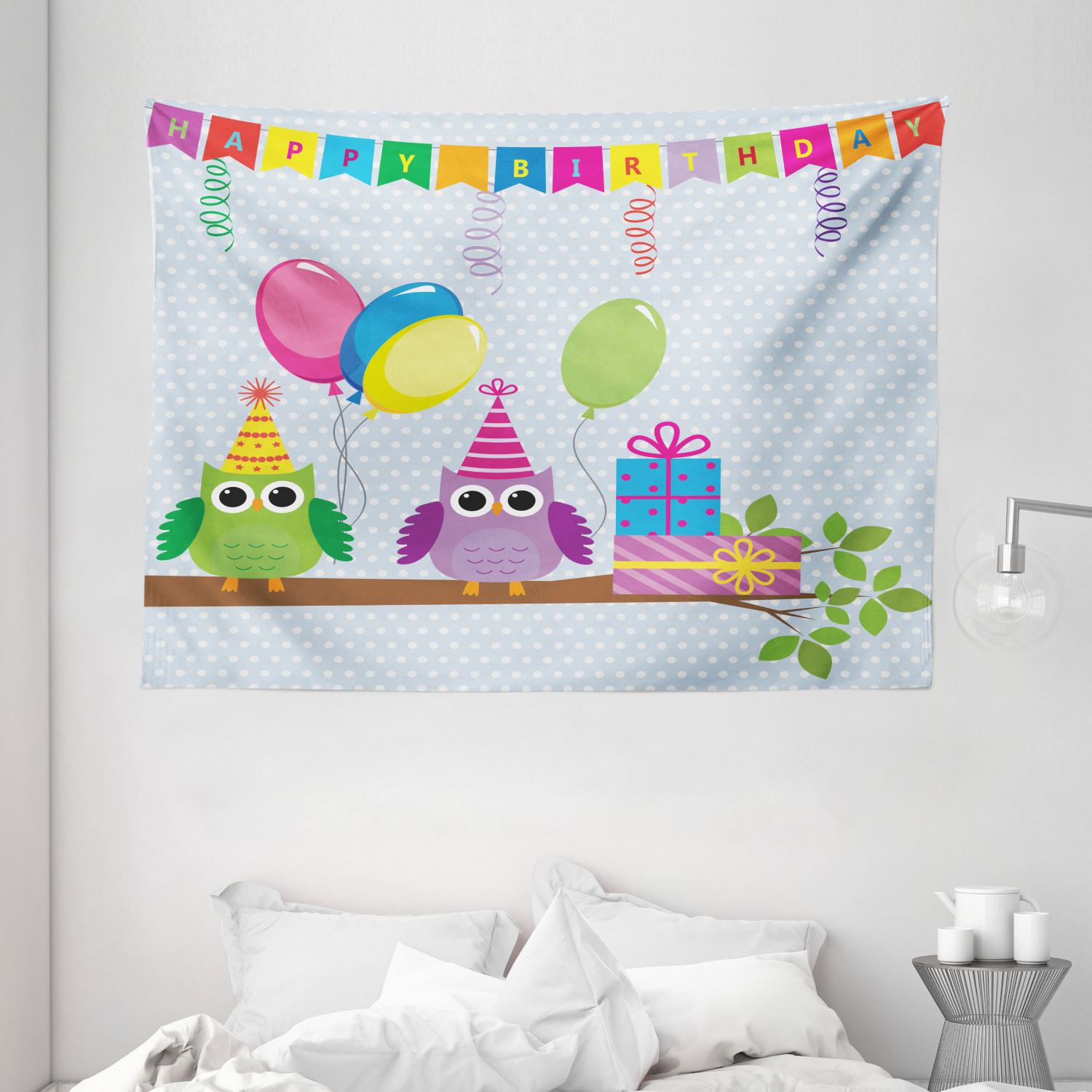 Birthday Decorations for Kids Tapestry, Cartoon Owls at a Party with ...