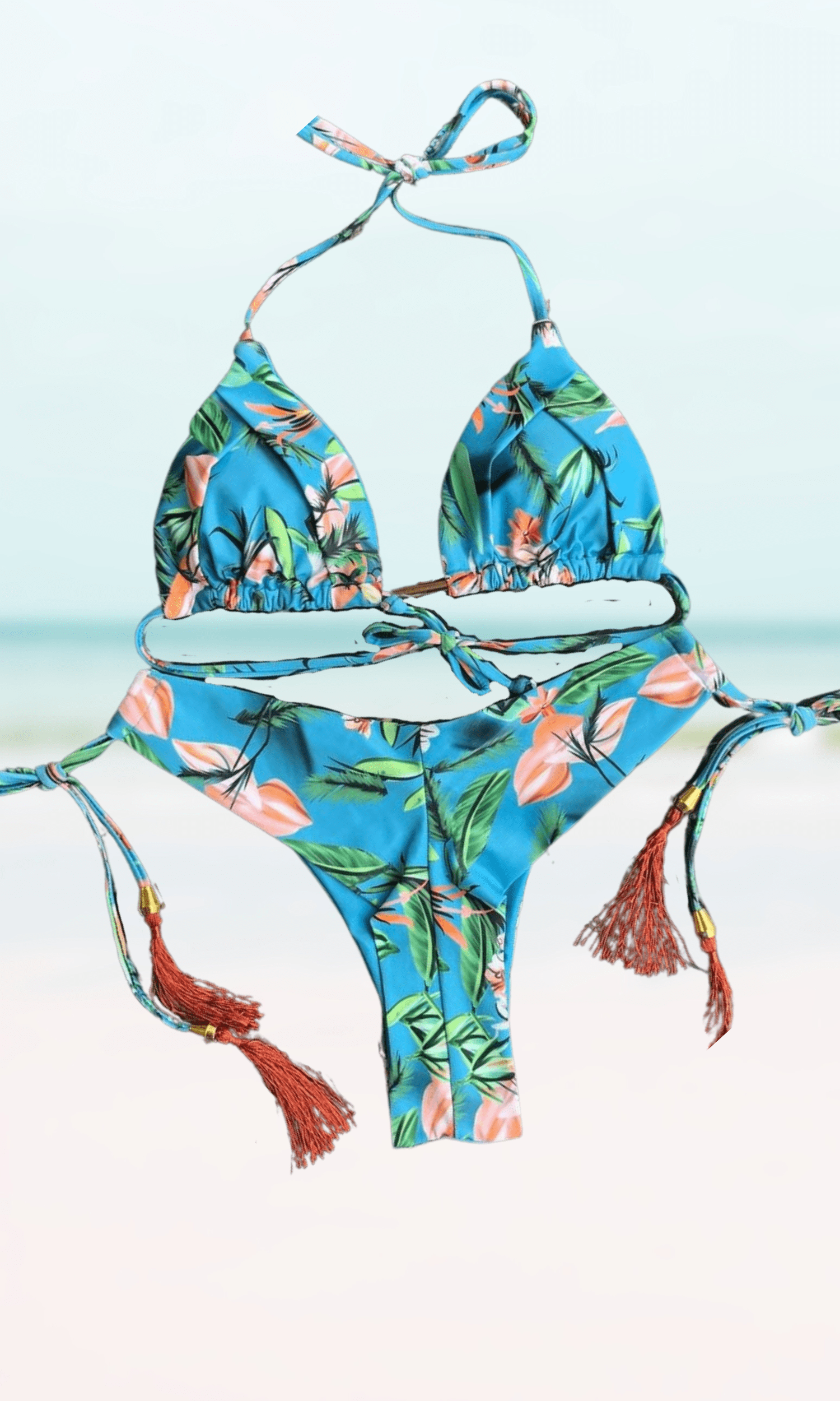 Meloriaswim Sexy Floral And Leaf Batch Printing Tassel Halter Neck Padded