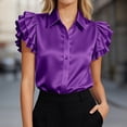 Angala Womens Tees Lapel Neck Short Ruffle Sleeve Solid Satin Blouse ...