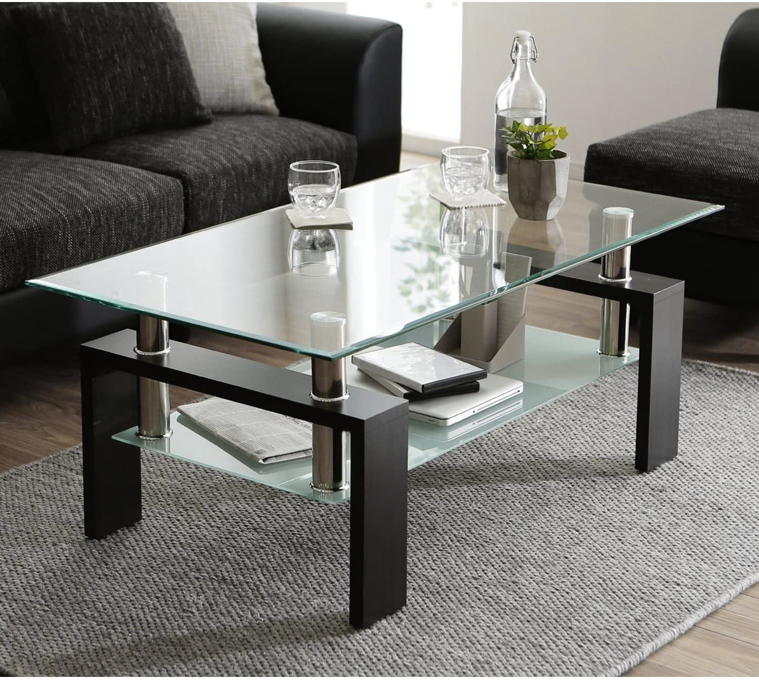 Clear Rectangle Modern Glass Coffee Table With Lower Shelf Metal Legs