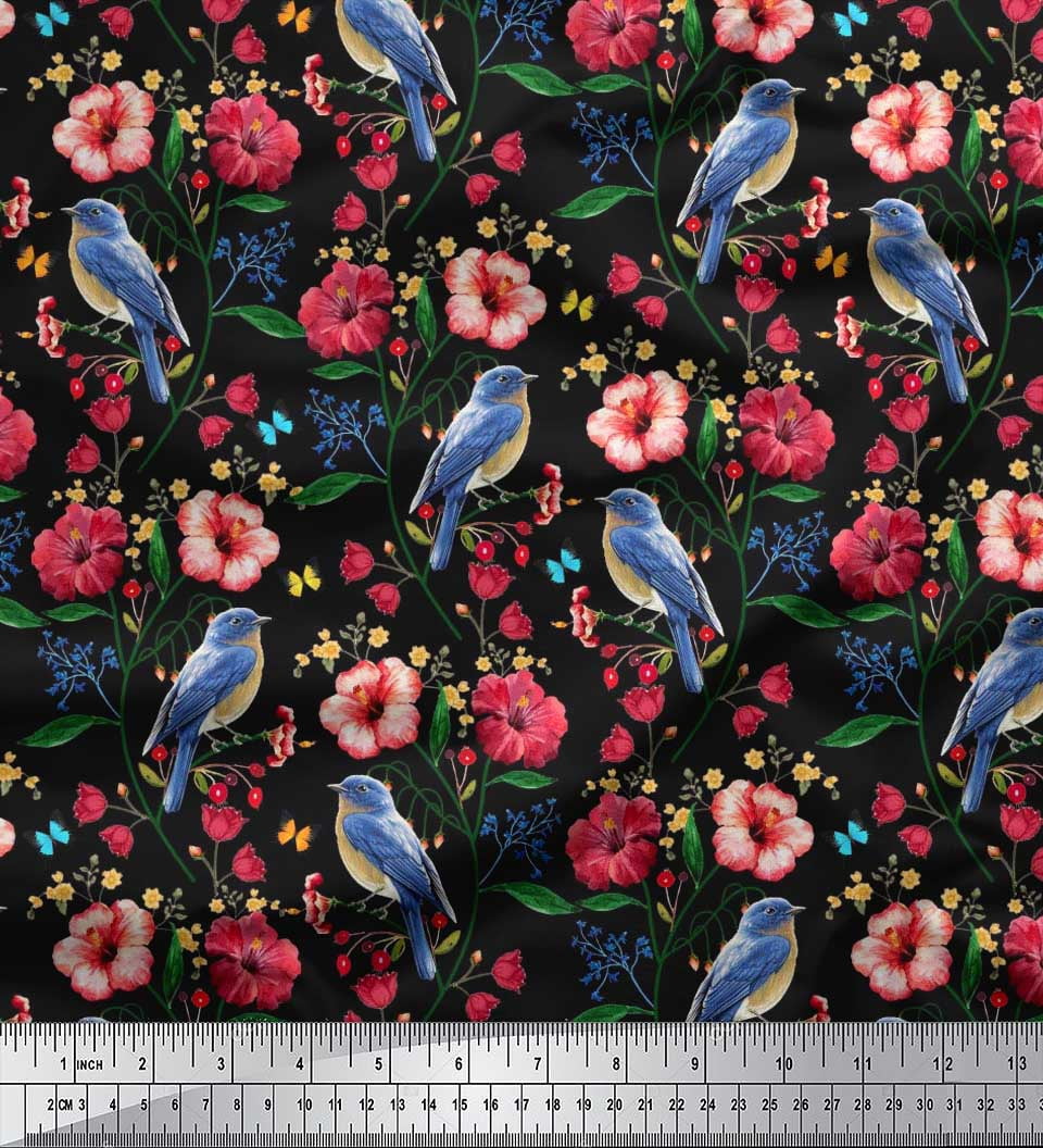 Soimoi Black Satin Silk Fabric Insect,Floral & Bluebird Bird Print ...