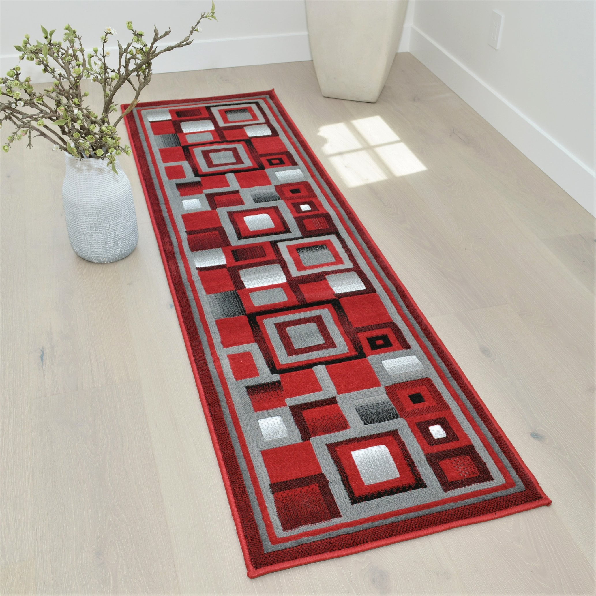 HR Abstract Red/Silver/Gray Geometric Modern Squares Pattern Runner ...