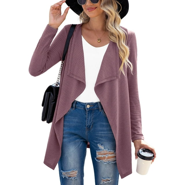 SHOWMALL Women's Lightweight Waffle Knit Cardigan Irregular Hem Waterfall Cardigan Long Sleeve ...