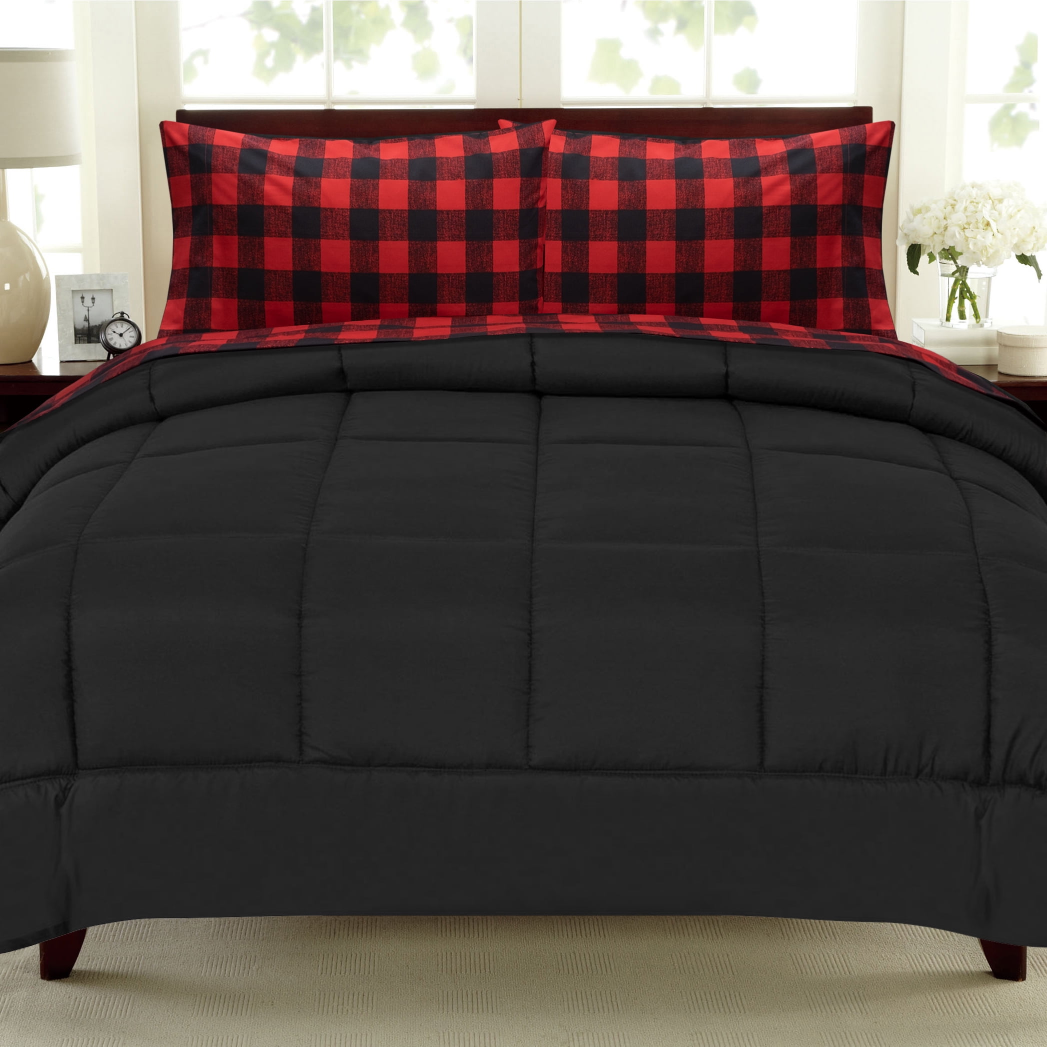 5 Piece Buffalo Check Sheet and Comforter set Burgundy Black - Walmart.com