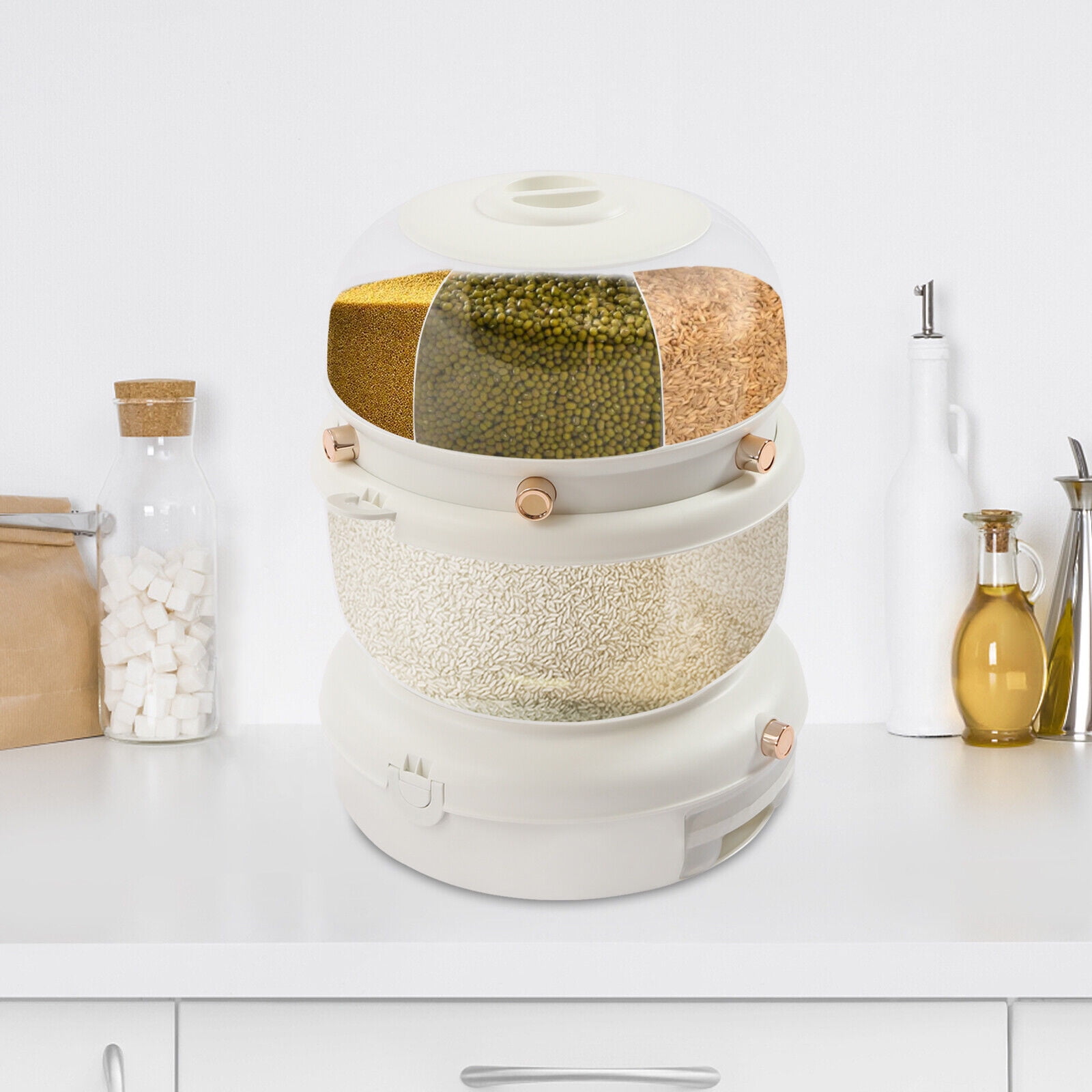 2-Layer 360°Rotating Food Dispenser Rice Grain Storage Container W/ Lid ...