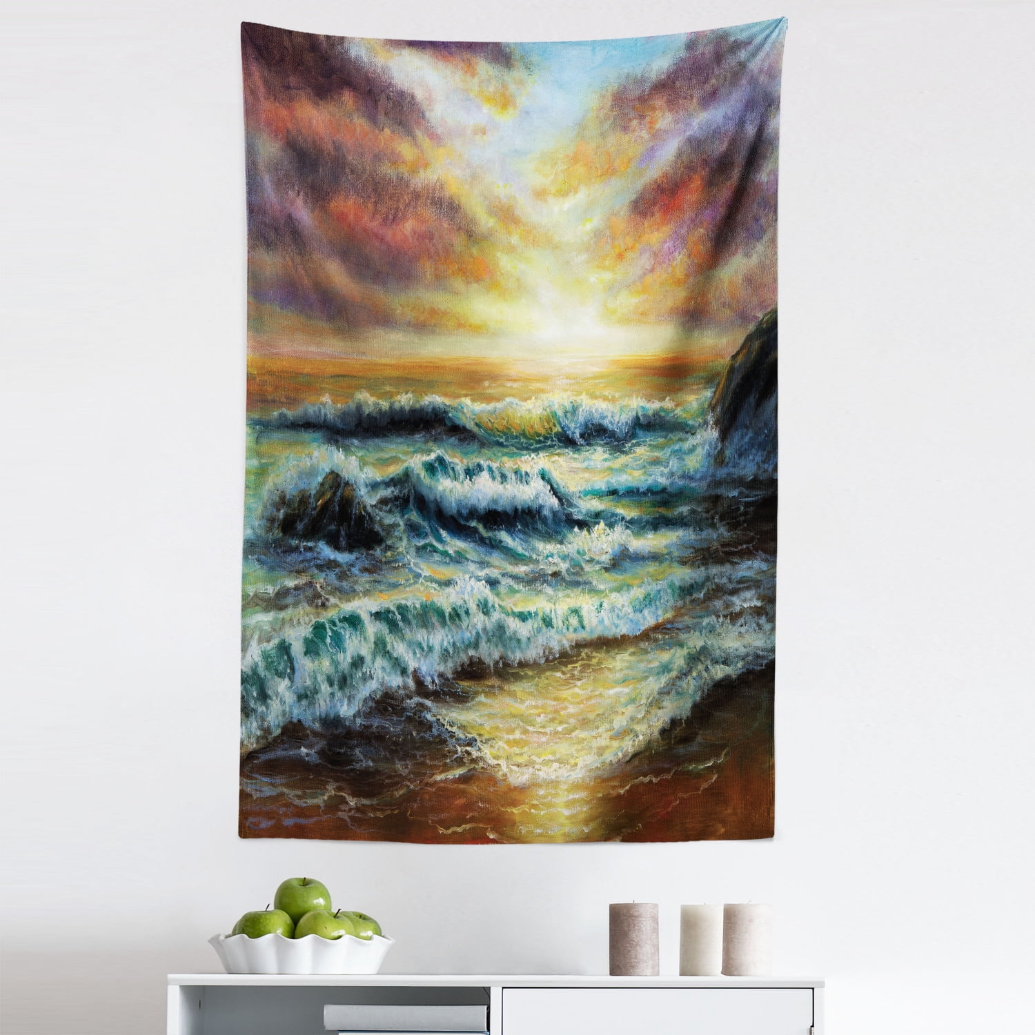 Beach Tapestry, Colorful Scenery of Waving Sea Sunset Horizon Colorful ...