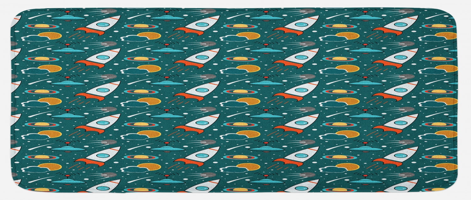 Spaceship Kitchen Mat, Outer Space Cartoon with Dotted Backdrop ...