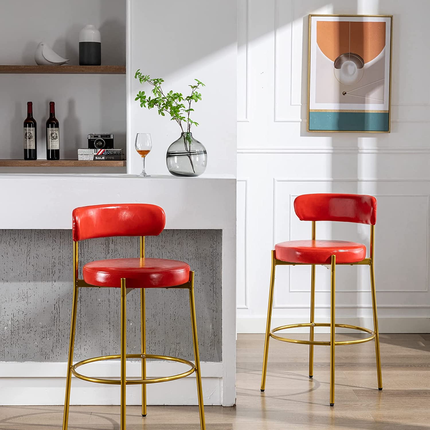 Tabaray Barstool Set of 2, Faux Leather Bar Stools with Back ...