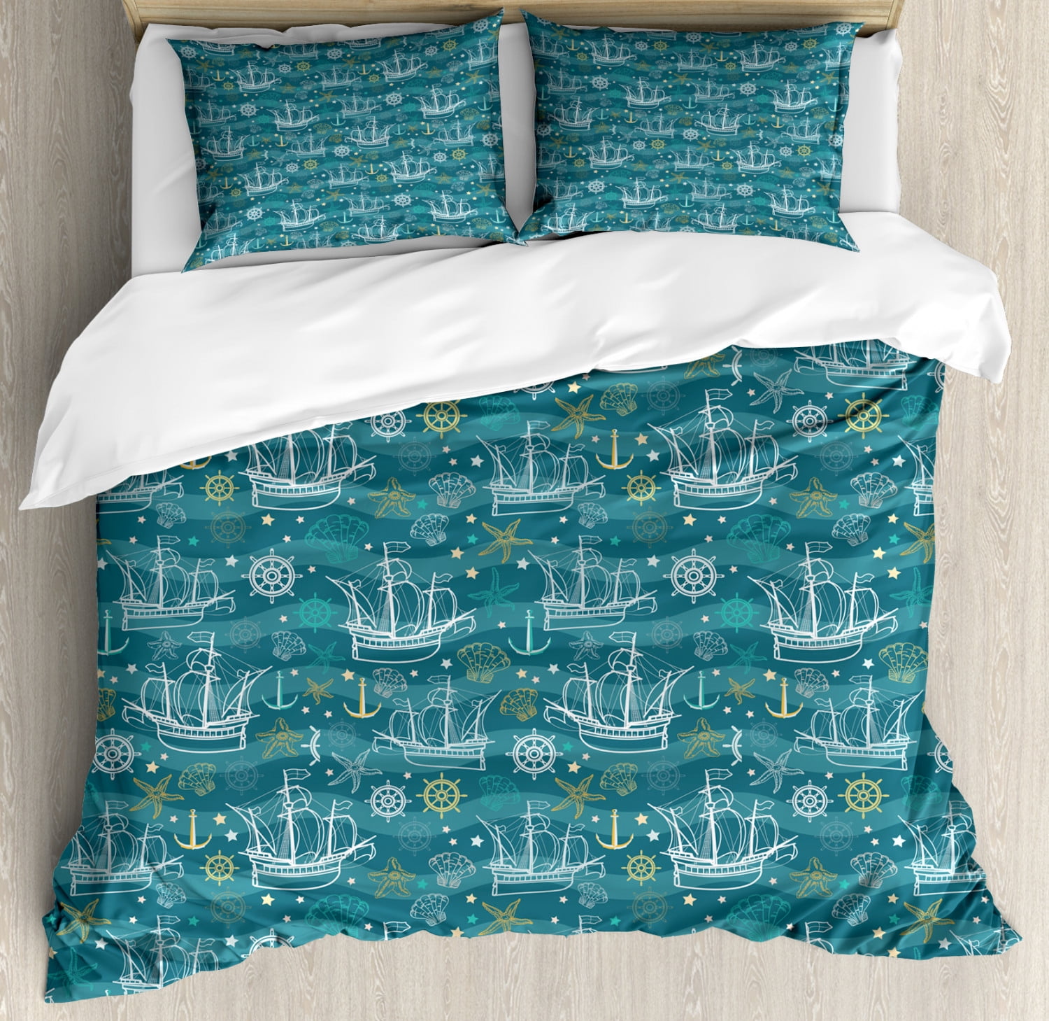 Nautical Duvet Cover Set Queen Size, Pattern of Outline Big Ships and ...