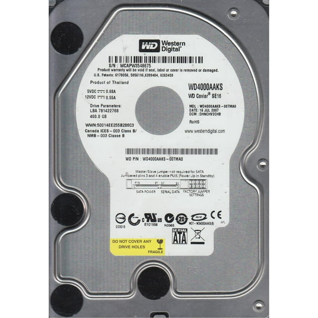 WD4000AAKS-00TMA0, DCM DHNCHV2CHB, Western Digital 400GB SATA 3.5 Hard ...