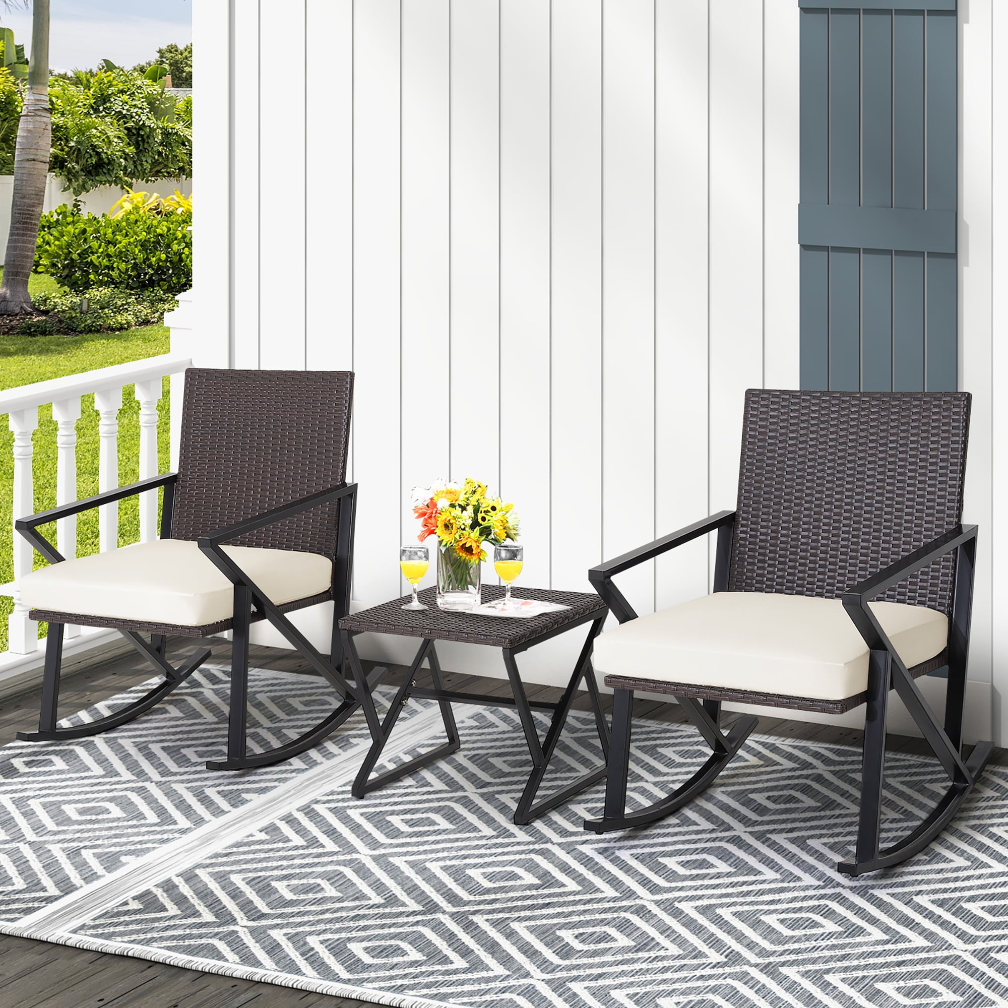 Costway 3PCS Patio Rattan Wicker Rocking Chairs Table Bistro Set ...