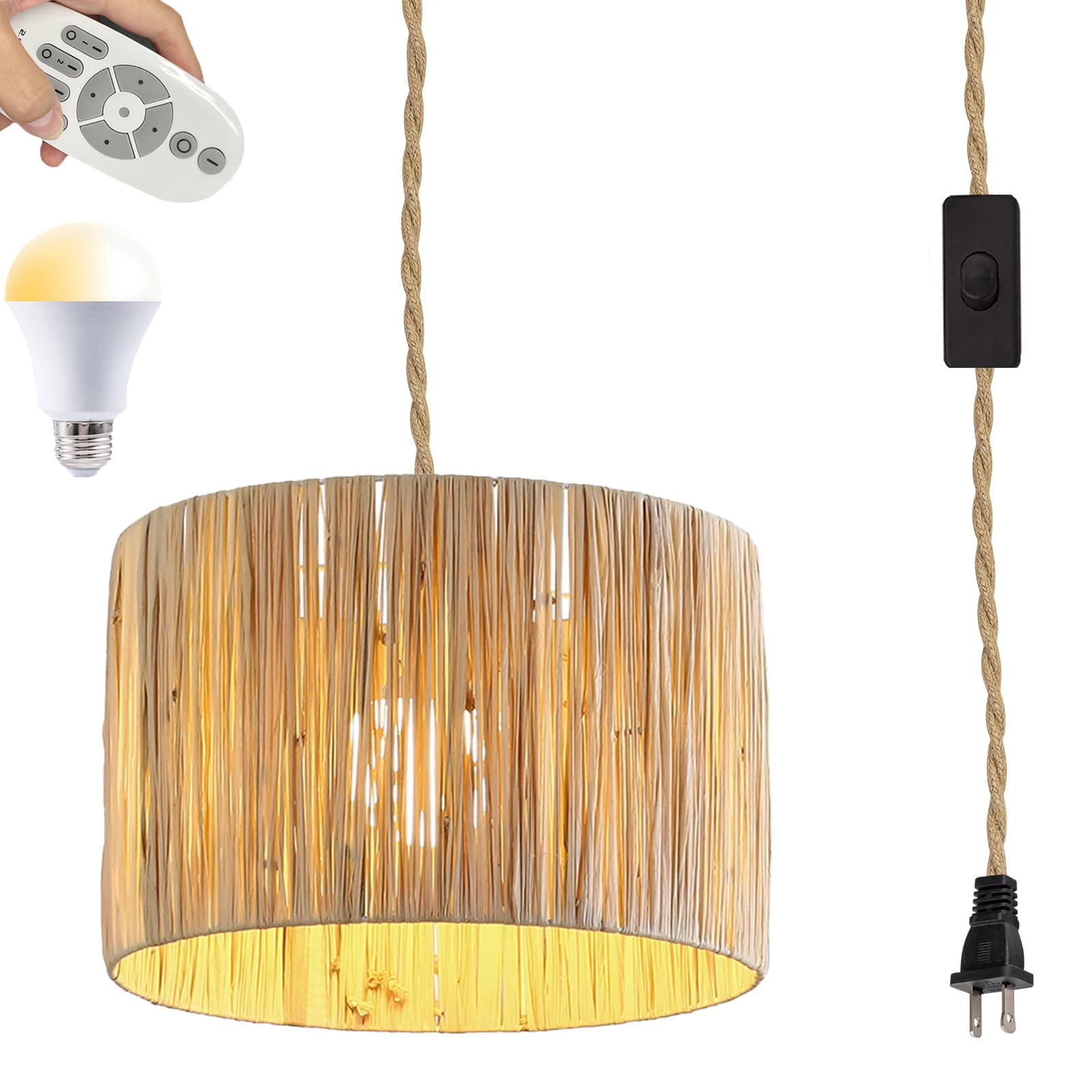 FSLiving Natural Hanging Swag Lamp Portable Pendant Light with 15ft ...