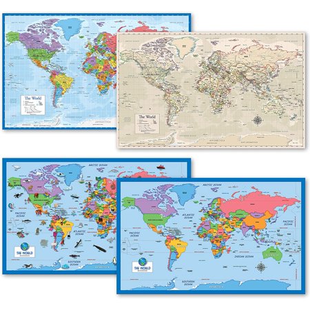 4 Pack - World Wall Map Set - [Long Blue, Long Tan, Illustrated, Blank ...