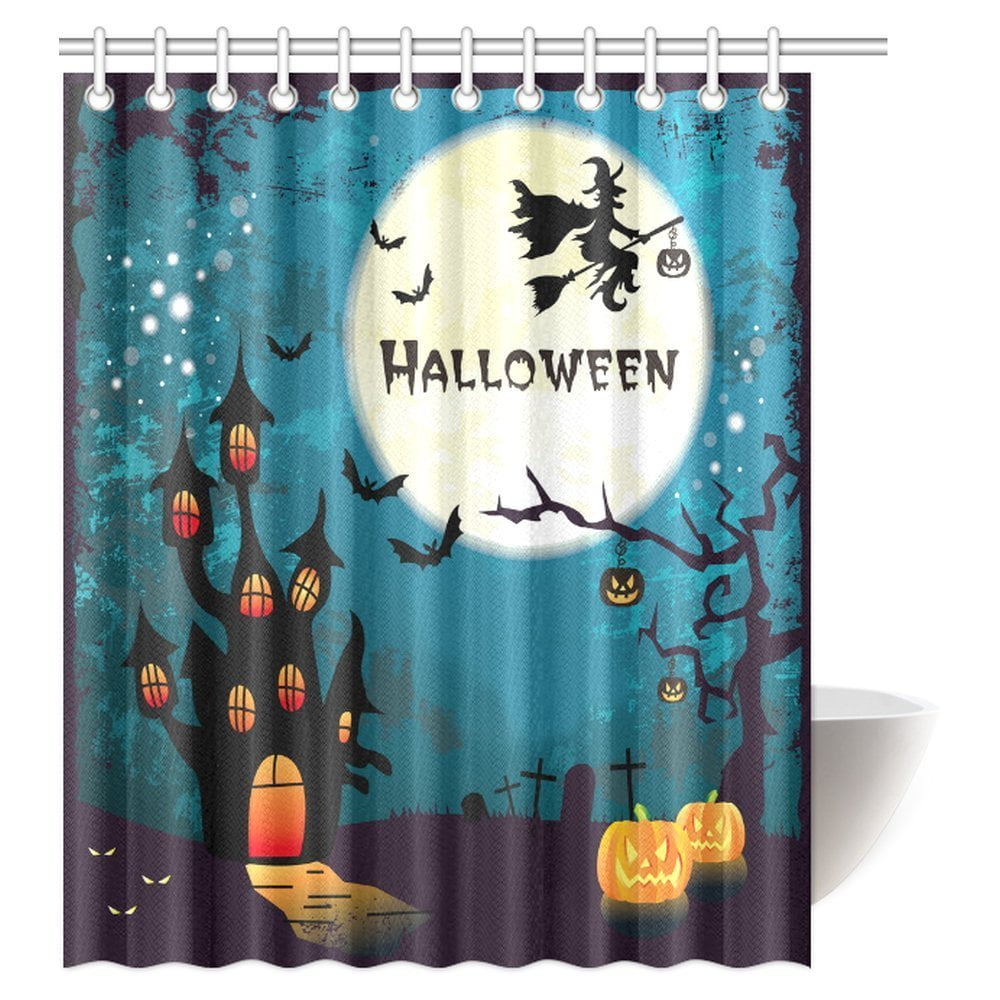 Mypop Halloween Decor Shower Curtain Witch On Broom Flying At