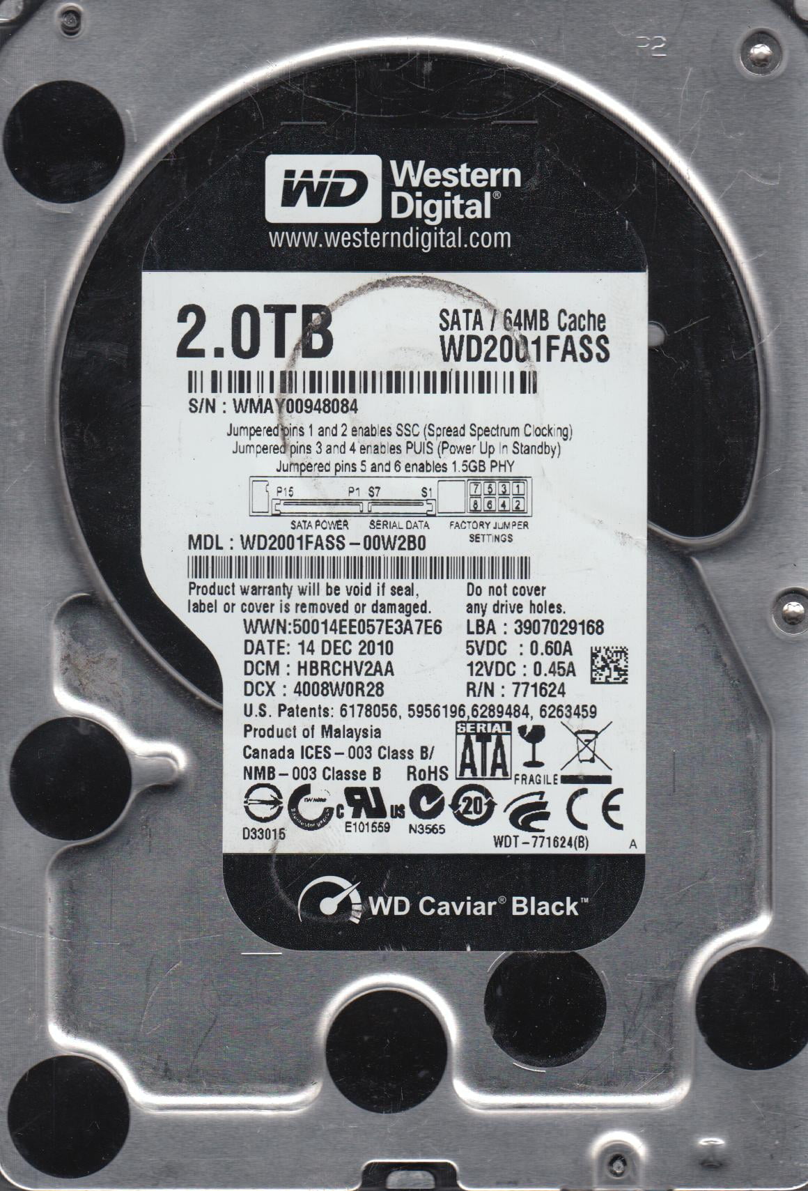 WD2001FASS-00W2B0, DCM HBRCHV2AA, Western Digital 2TB SATA 3.5 Hard ...