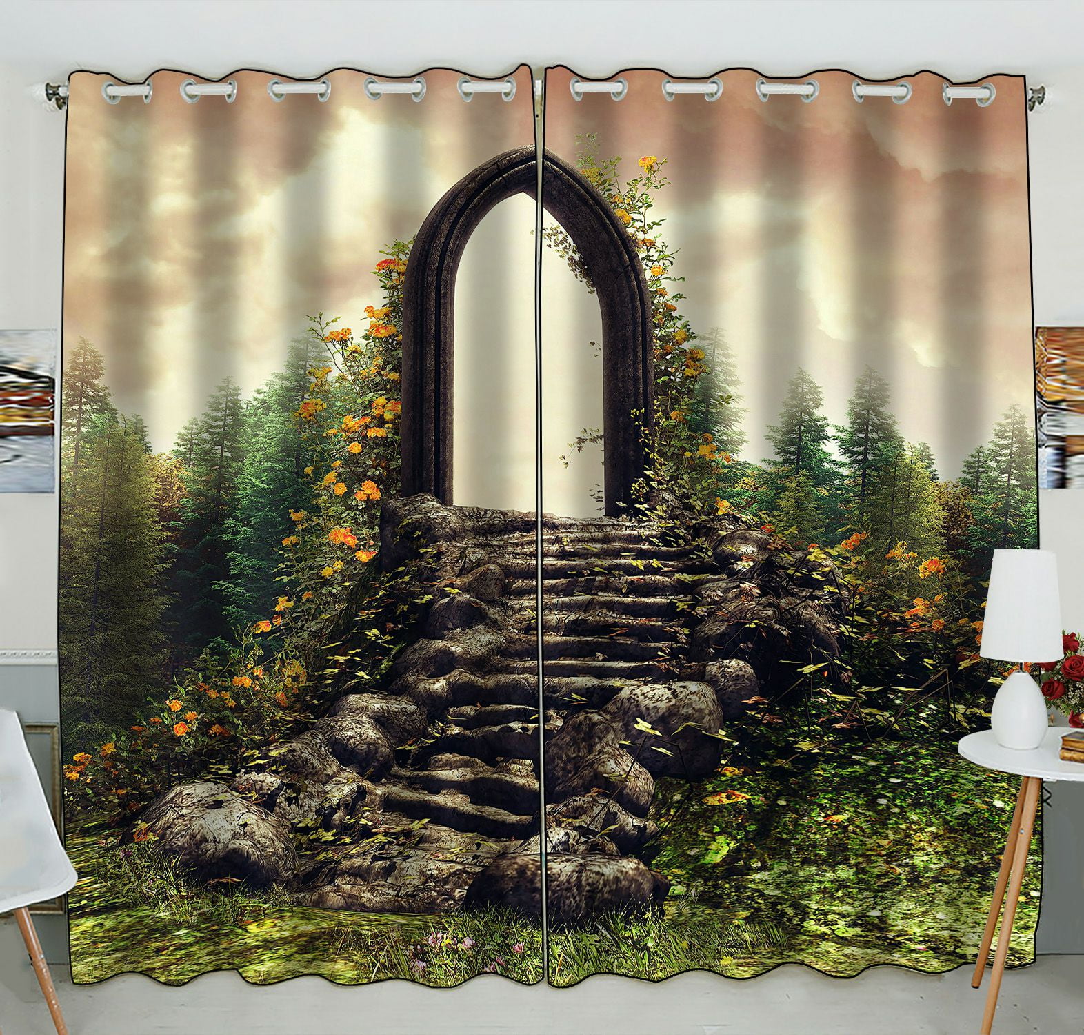 ABPHQTO Fantasy Door Stairs Flowering Meadow Forest Window Curtain ...