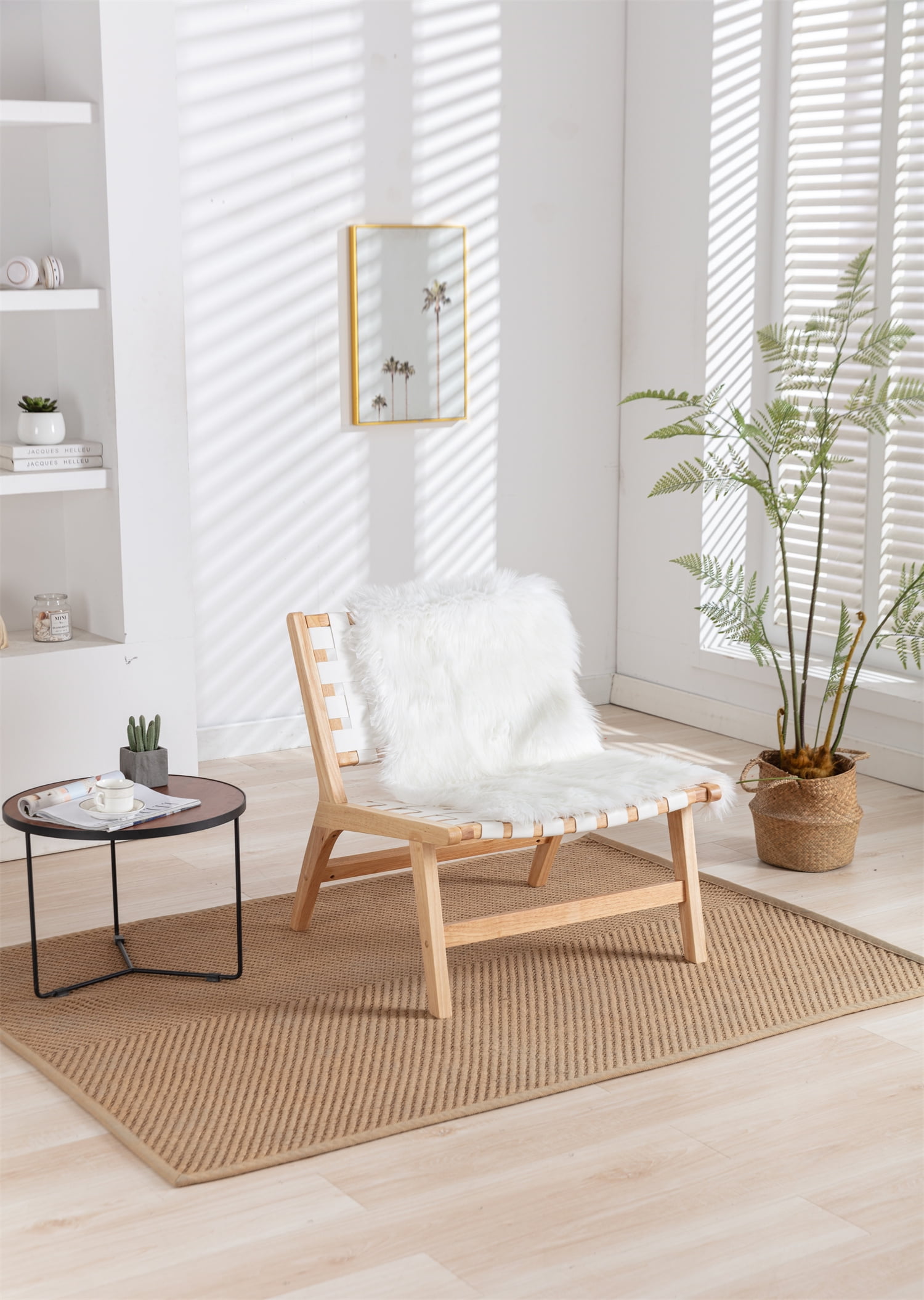 Rattan Accent Chair, Solid Wood Lounge Reading Chair with White Wool ...