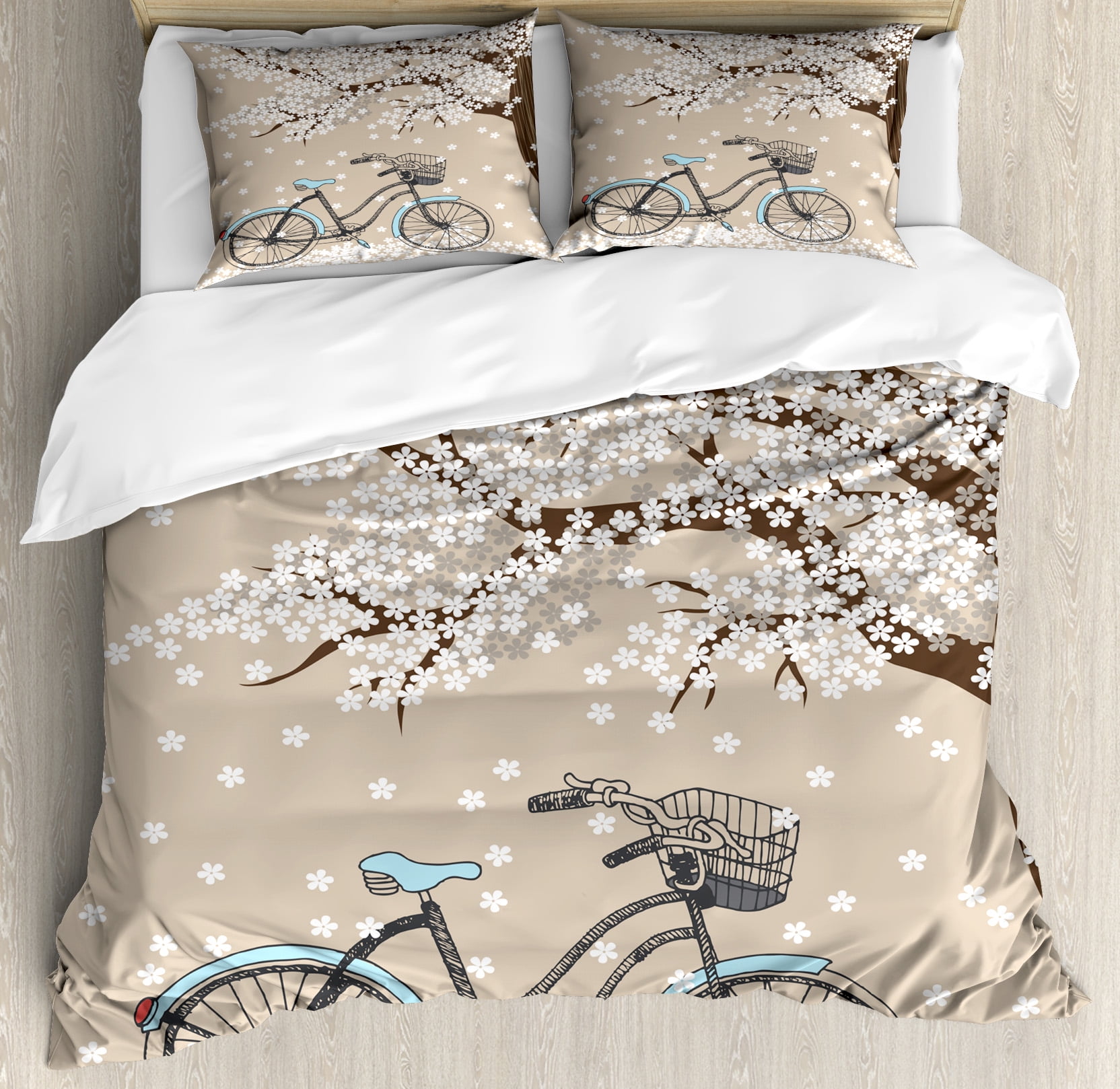 Bicycle King Size Duvet Cover Set, Blossoming Tree with Little White ...