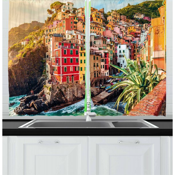 Italy Curtains 2 Panels Set, Riomaggiore at Sunset Cinque Terre ...
