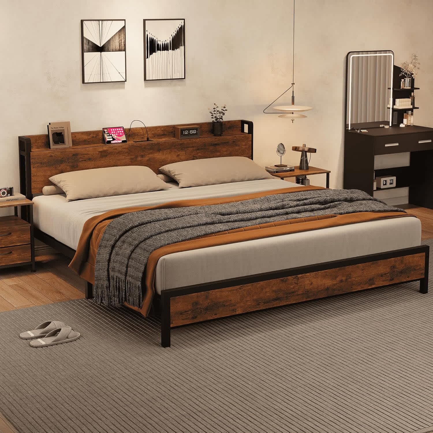 Click here for Bingirl King Industrial Platform Bed Frame With Us... prices