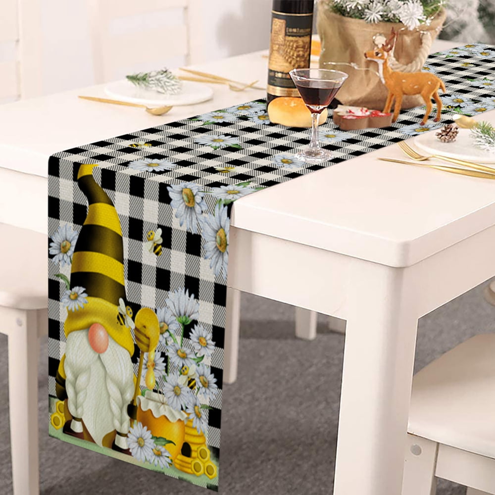 Bee Dwarf Table Runner, Honey Black & White Buffalo Plaid Home Kitchen ...