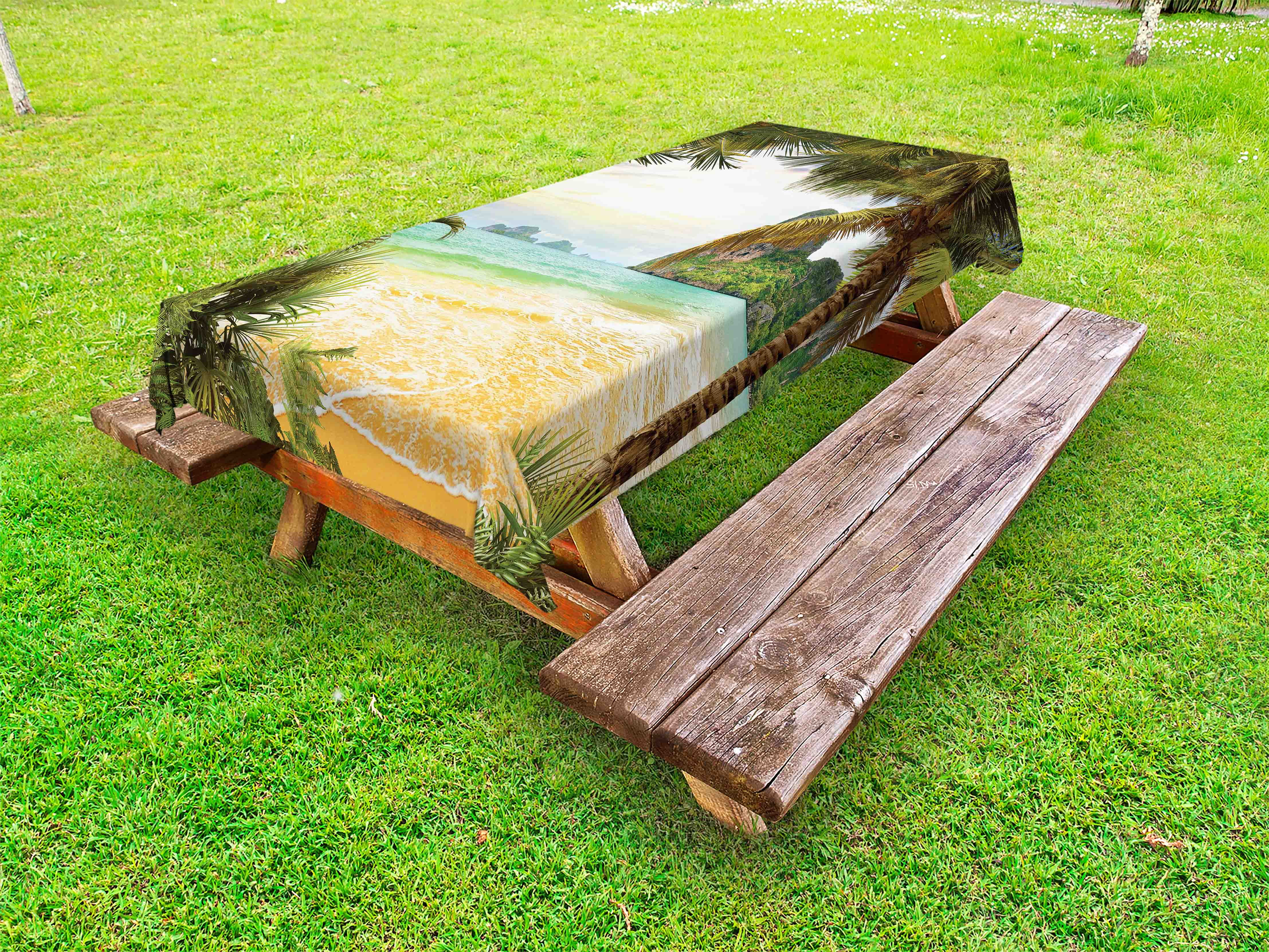 Ocean Outdoor Tablecloth, Palm Coconut Trees and Ocean Waves Mountains ...