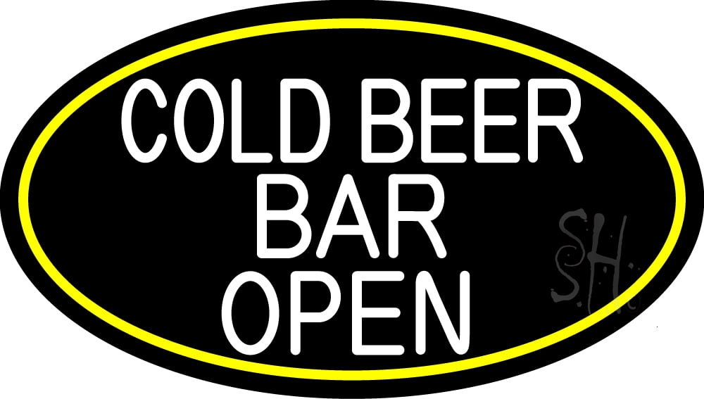 White Cold Beer Bar Open Oval With Yellow Border LED Neon Sign 13 x 24 ...