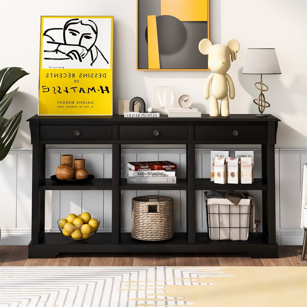58" Long Console Table, Retro Solid Wood Accent Buffet Sideboard Sofa ...