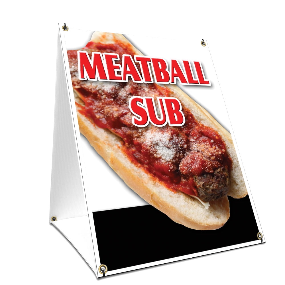 A Frame Sidewalk Meatball Sub Sign With Graphics On Each Side 18 X