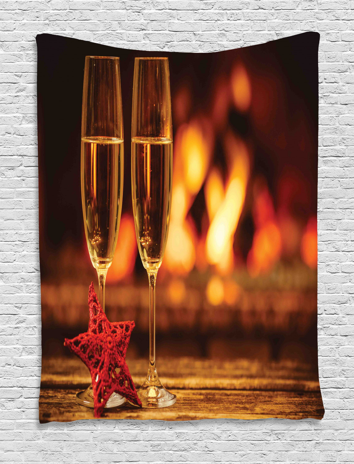 Fireplace Tapestry, Cozy Romantic Photo with Champagne Glasses on ...