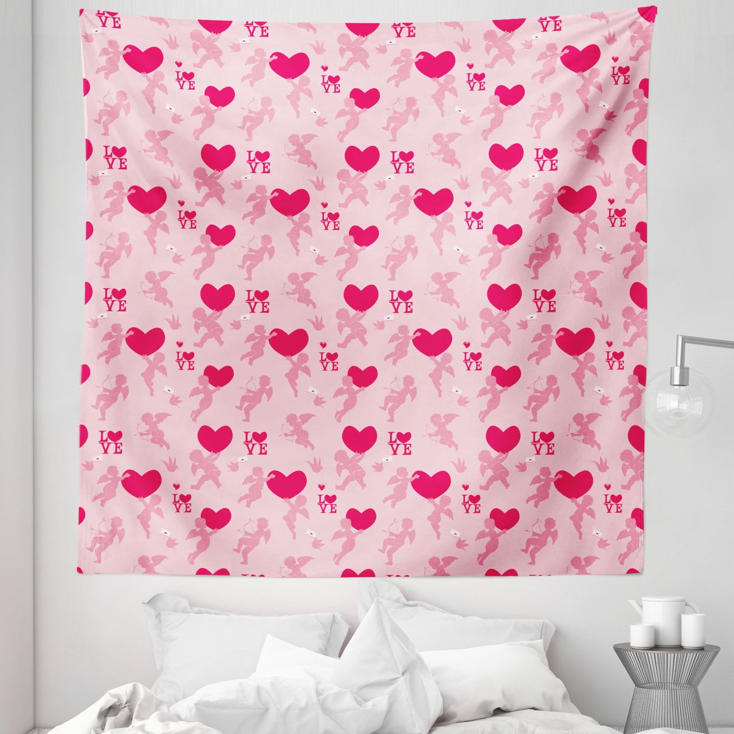 Love Tapestry, Pattern with Silhouettes of Angel Heart Bird and ...