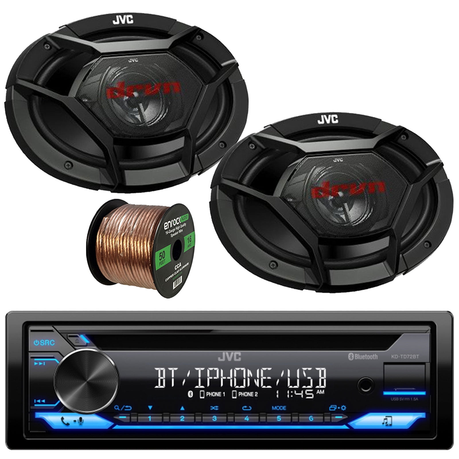JVC KD-TD72BT Single DIN Bluetooth USB AUX AM/FM Radio CD Player Car Audio Receiver Bundle Combo ...