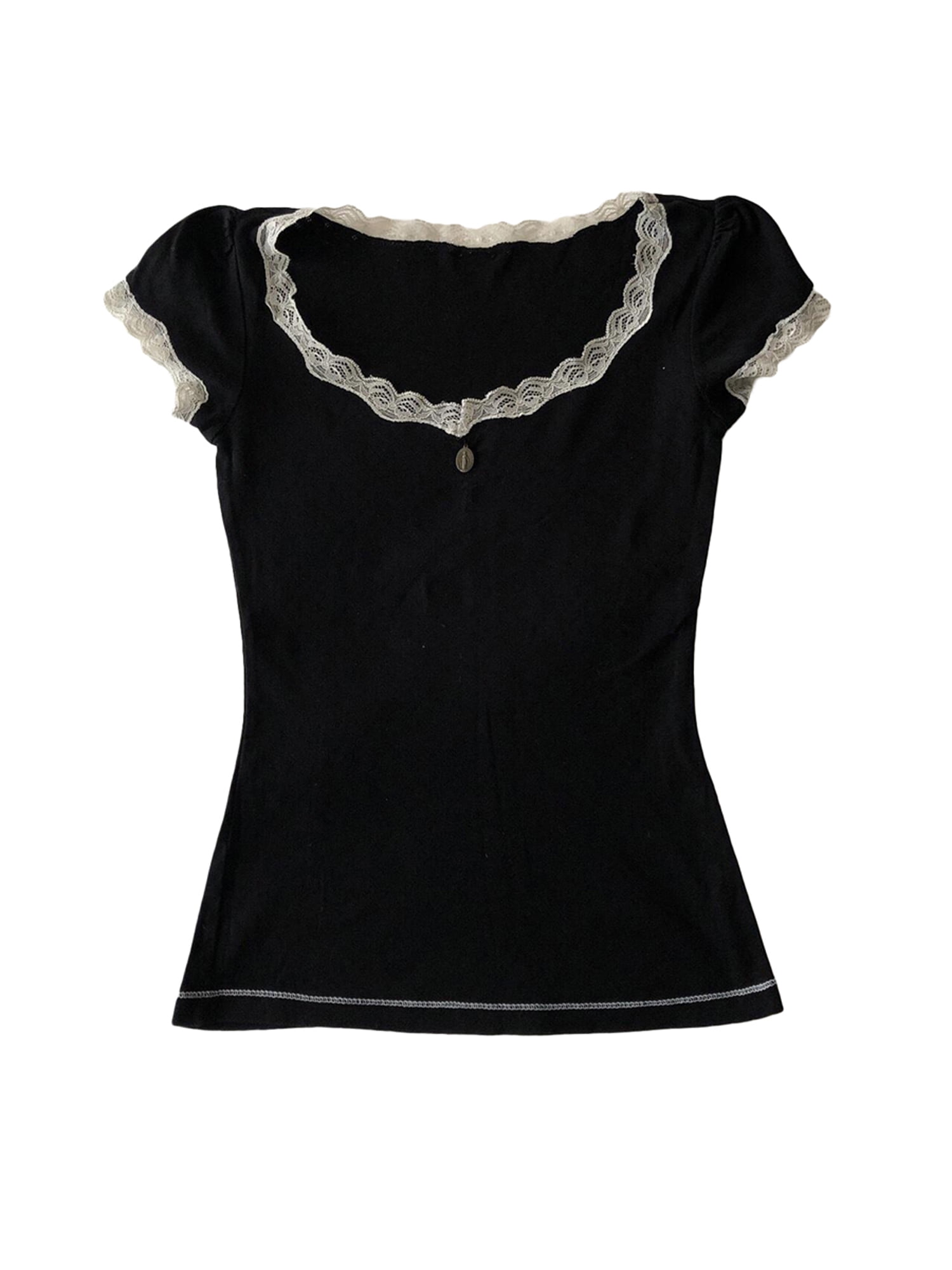 Merqwadd Womens Short Sleeve T-Shirt Y2k Lace Trim Crop Tops Crewneck ...