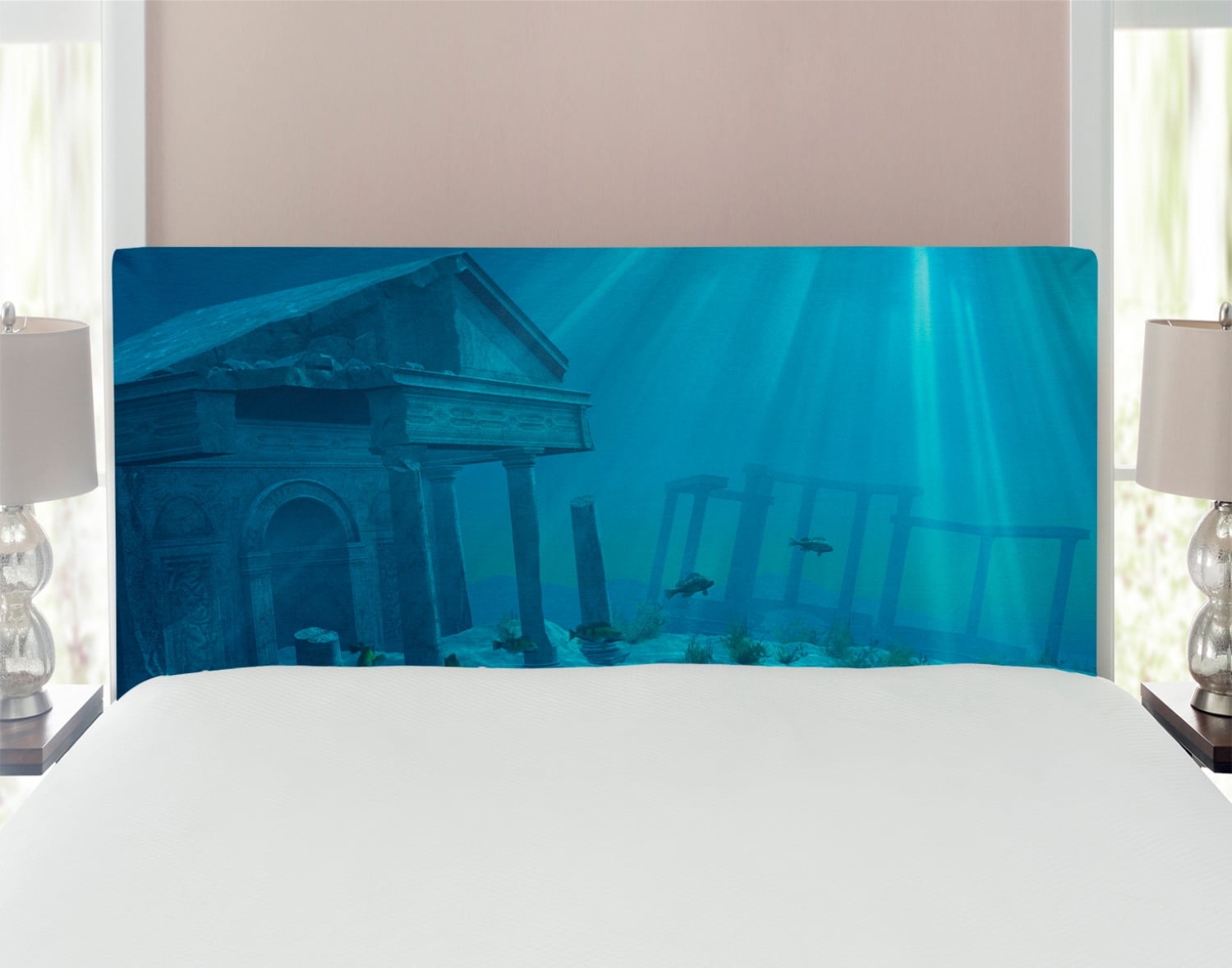 Ocean Headboard, Sun Rays over Ruins of a Former Civilization Deep Sea ...