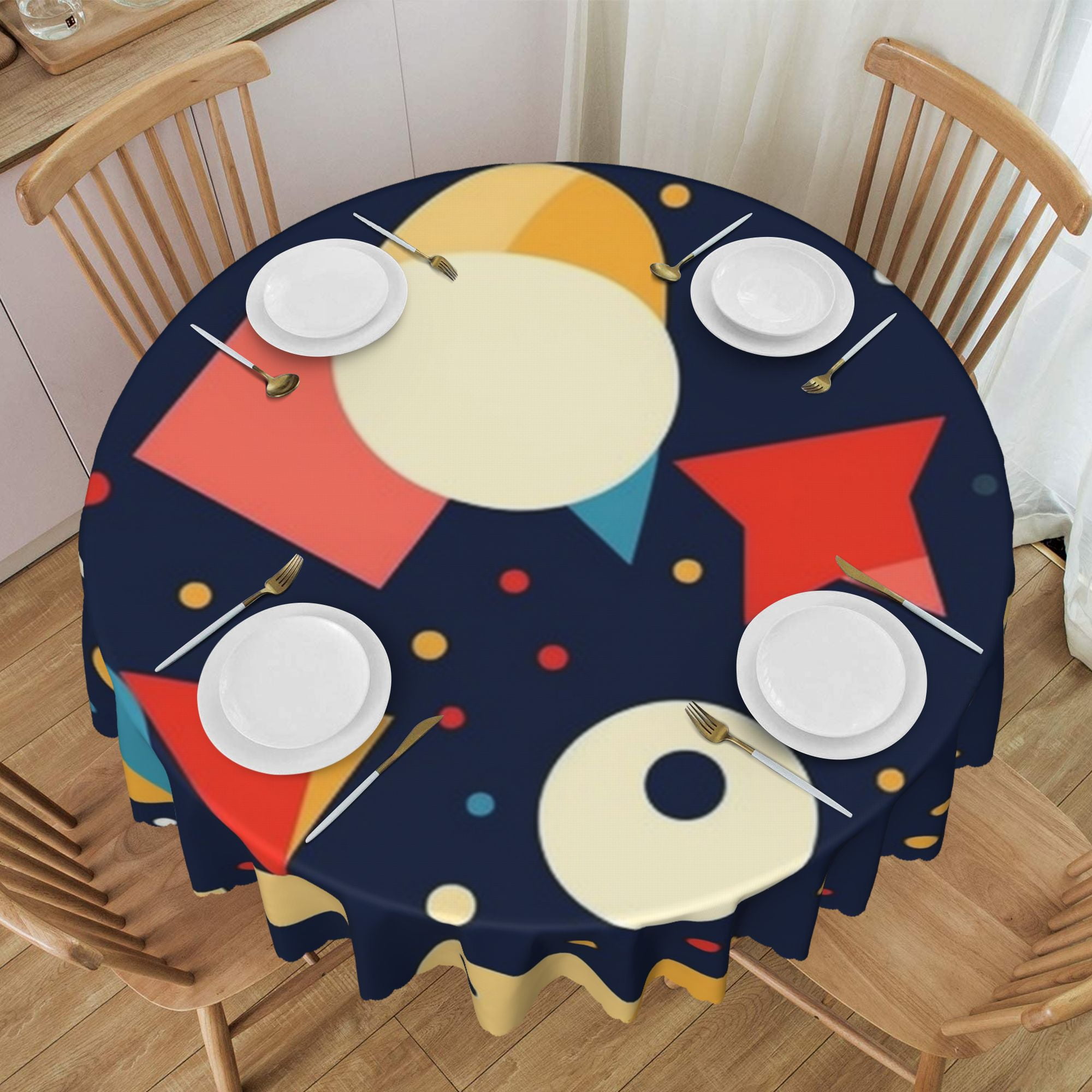 ZNDUO Geometric Flat Shapes Blue Pattern Round Tablecloth, Anti-fouling ...