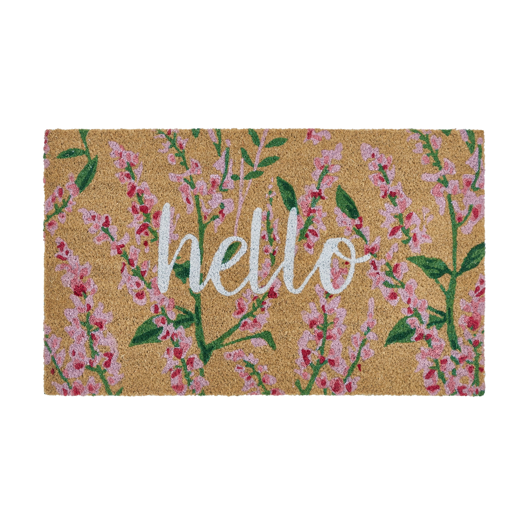 Home Décor Collection Hello Floral Natural/Pink Coir Outdoor Welcome ...